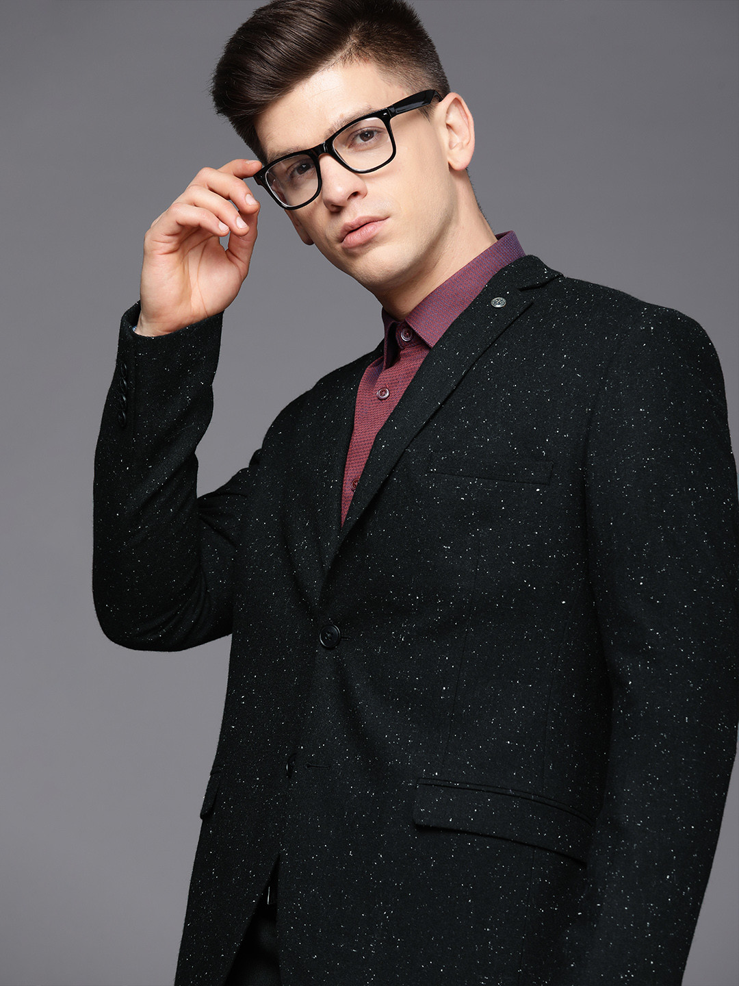 Buy Theme Men Black Pure Wool Speckled Slim Fit Semi Formal Blazer ...