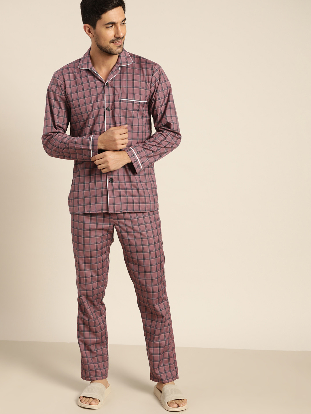 Buy Hancock Men Dusty Pink Pure Cotton Checked Nightsuit - Night Suits ...