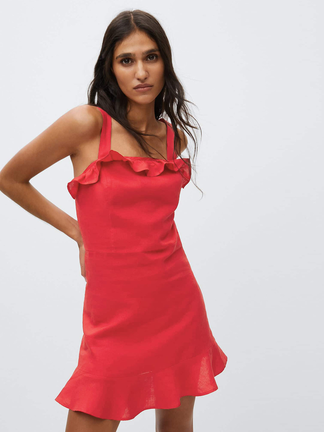 Buy MANGO Red Pure Linen Solid Ruffled Sheath Mini Dress - Dresses for ...