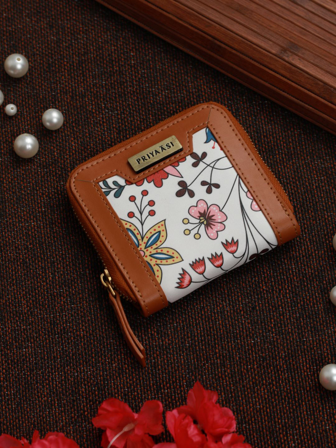 Buy Priyaasi Women White & Brown Floral Printed PU Zip Around Wallet ...