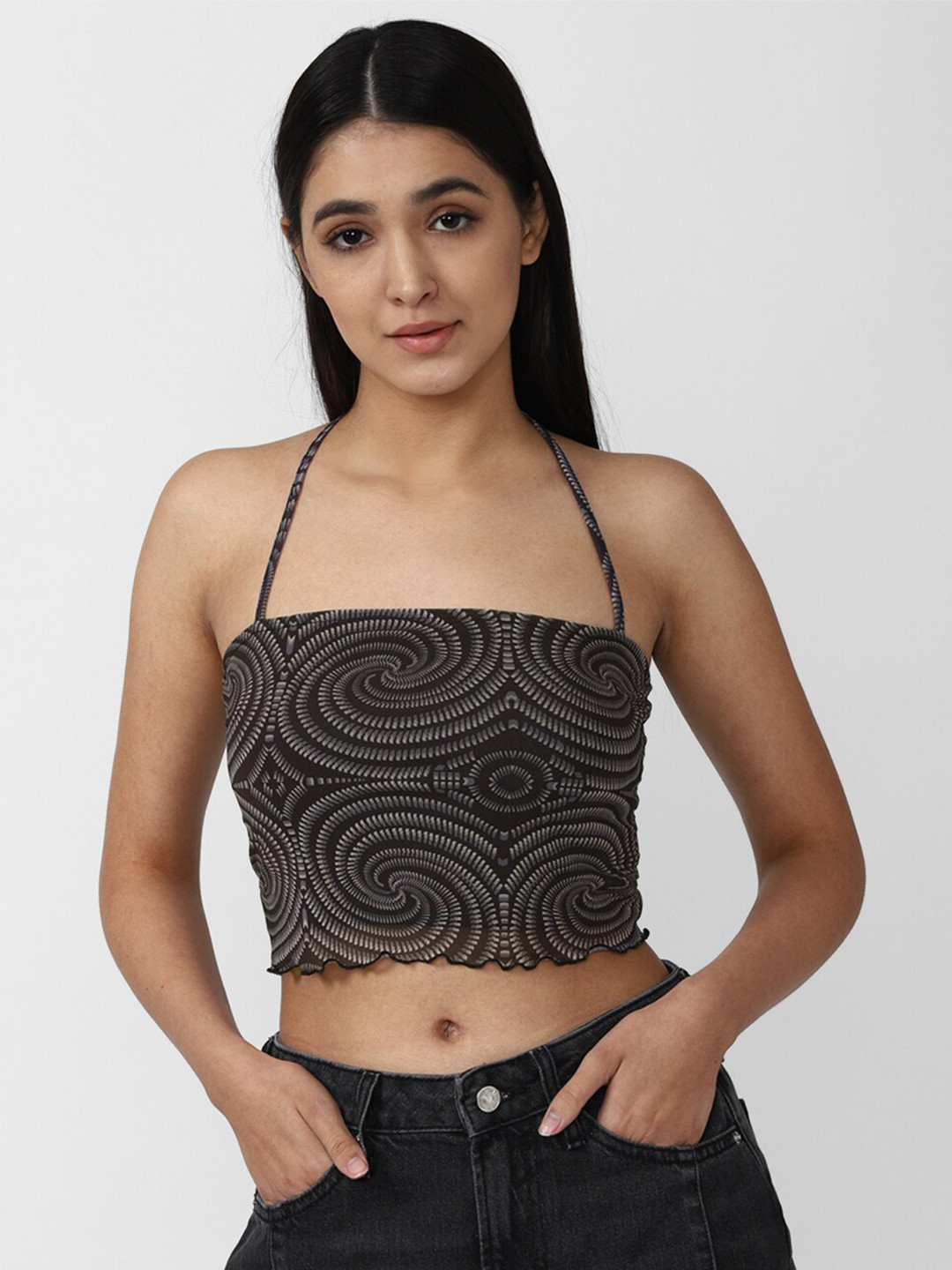 Buy FOREVER 21 Black Geometric Print Halter Neck Bralette Crop Top ...