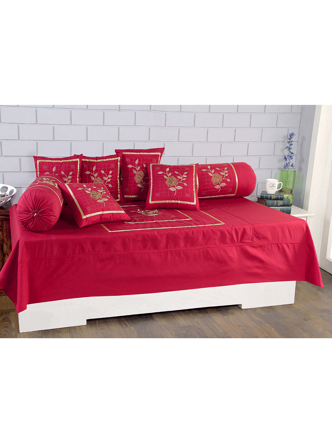 Buy Hammer Home Set Of 8 Maroon & Golden Embroidered Diwan Set - Diwan ...