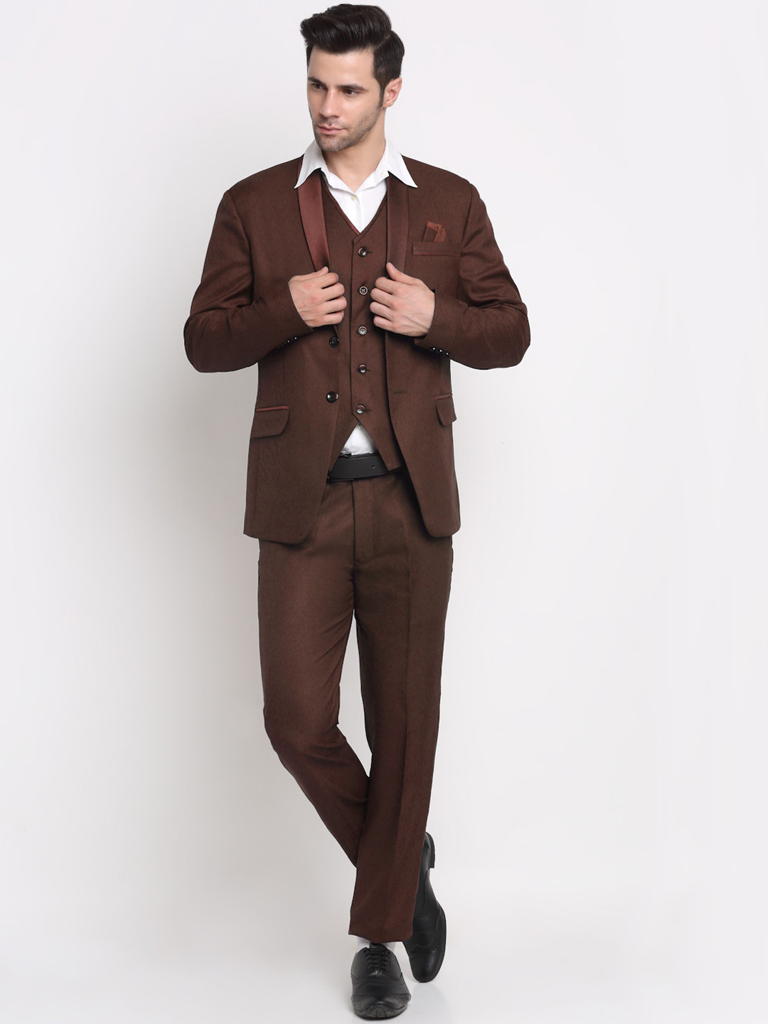 Buy KLOTTHE Men Maroon Self Design Slim Fit Single Breasted Three Piece ...