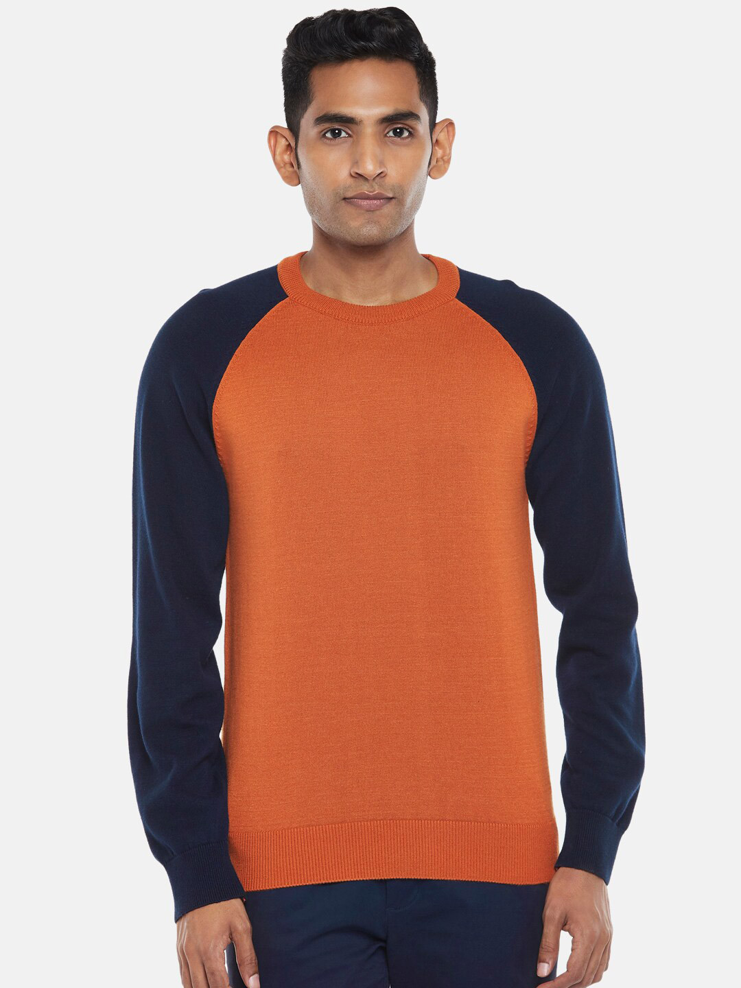 Buy BYFORD By Pantaloons Men Orange & Navy Blue Colourblocked Pullover ...