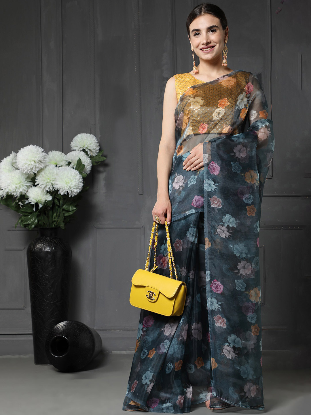 Buy ORUS Blue & Pink Floral Organza Saree - Sarees for Women 19127592 ...