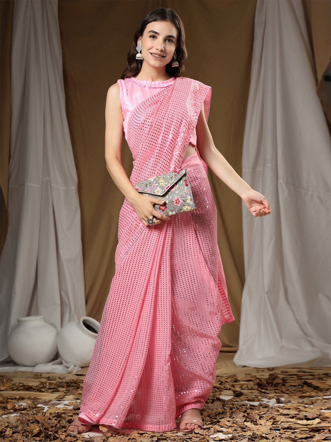 Buy ORUS Pink Embellished Sequinned Pure Georgette Heavy Work Saree ...