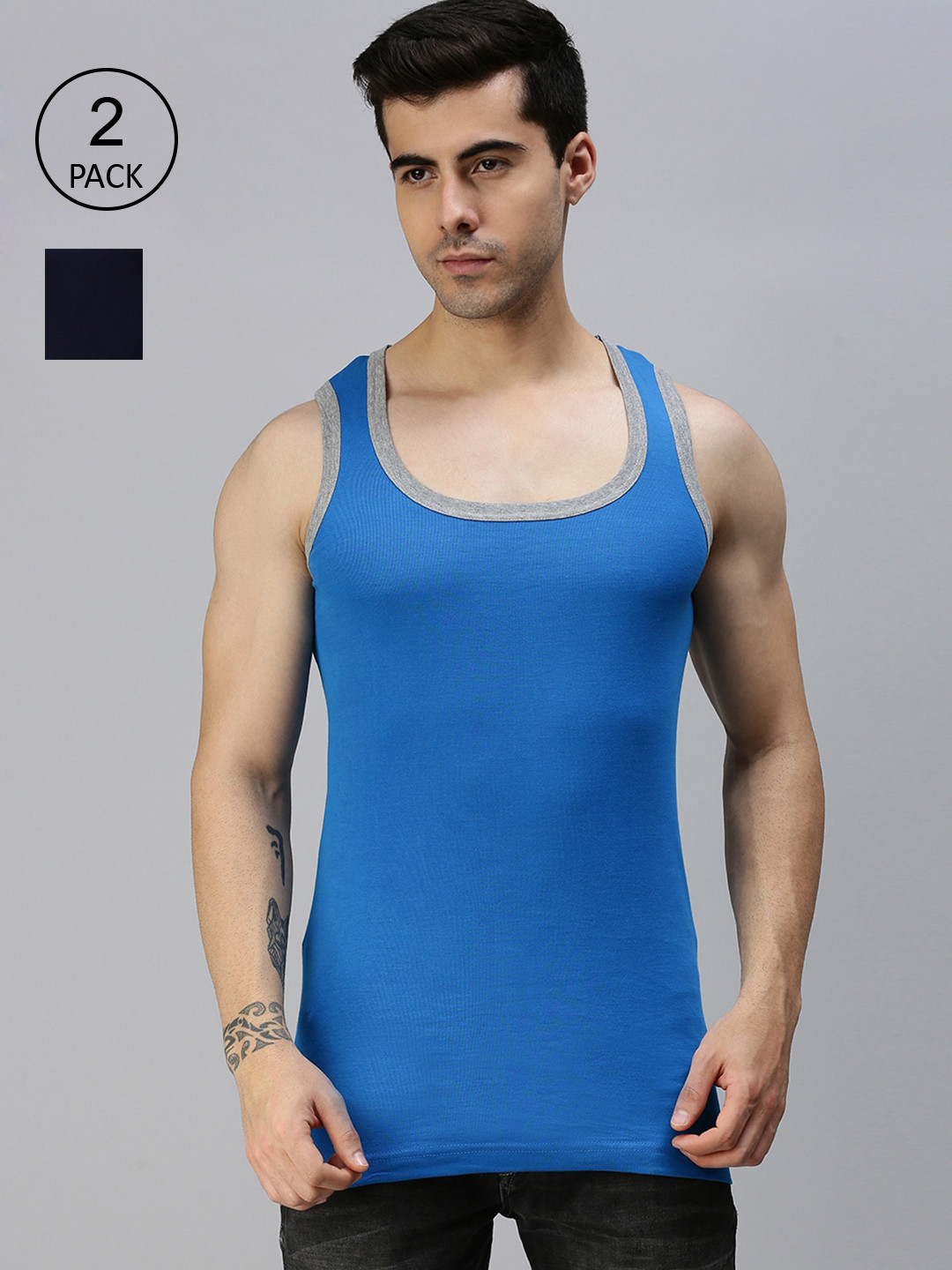 Buy ONN Pack Of 2 Blue & Navy Blue Cotton Innerwear Vests - Innerwear ...