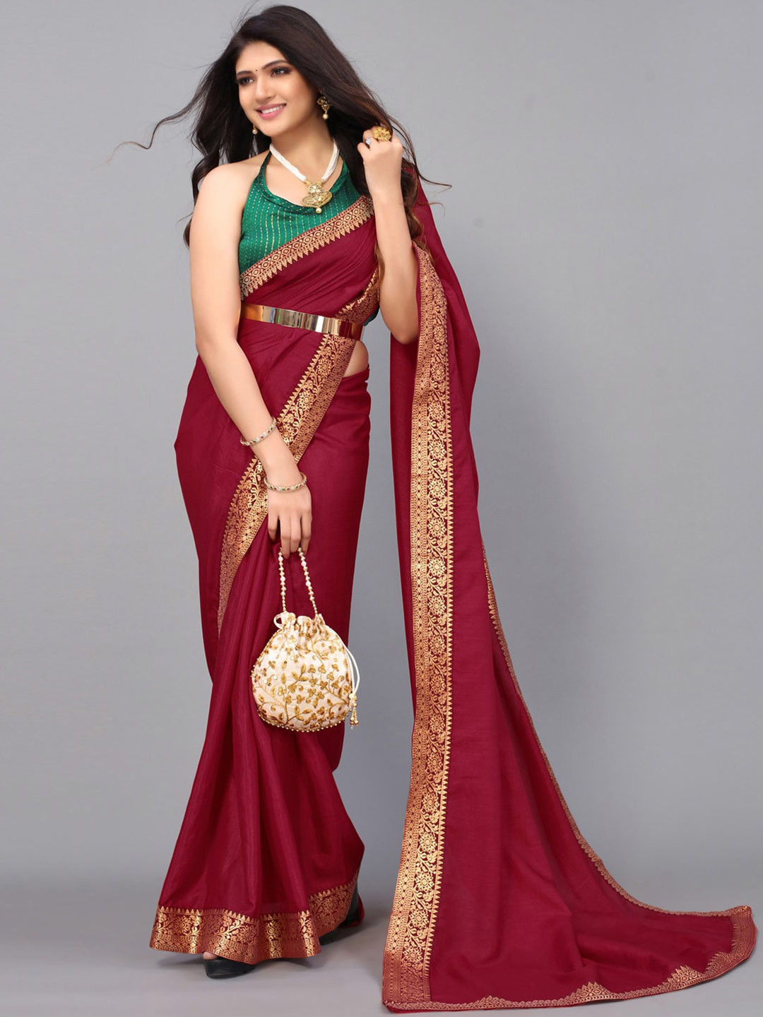 Buy KALINI Maroon & Gold Toned Zari Poly Silk Dyed Saree - Sarees for ...