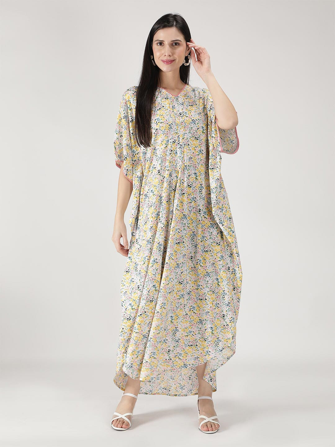 Buy DUSK ATTIRE Women White Printed Maxi Kaftan Nightdress - Nightdress ...