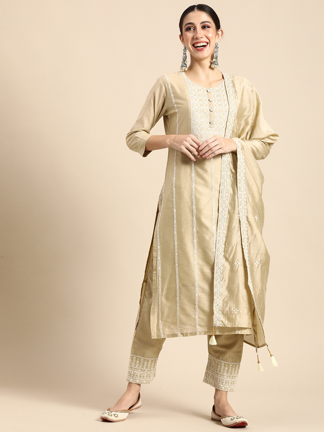 Buy Anouk Beige & Off White Embroidered Kurta With Palazzos & Dupatta ...