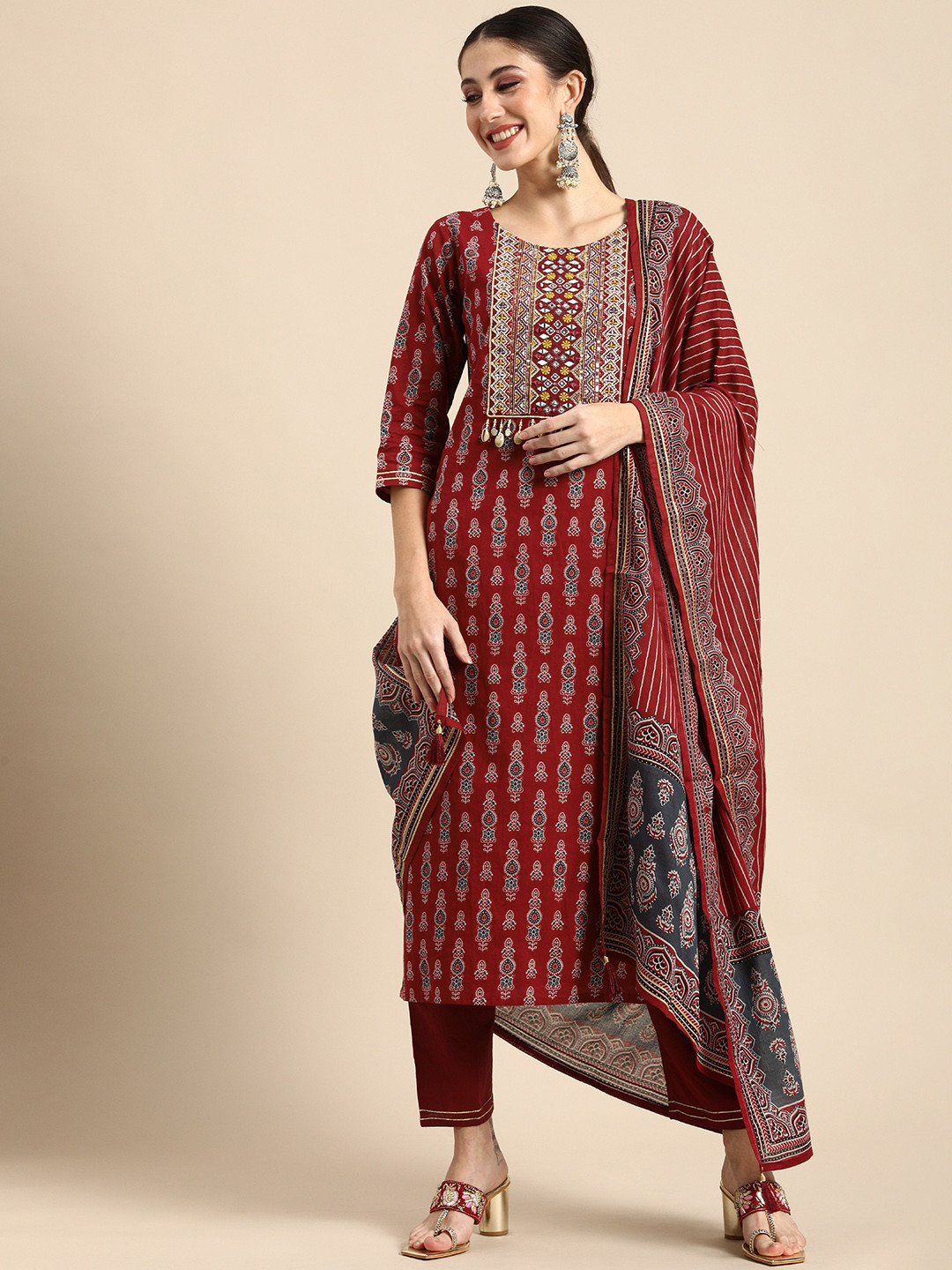Buy Anouk Women Red Ethnic Motifs Embroidered Pure Cotton Kurta With ...