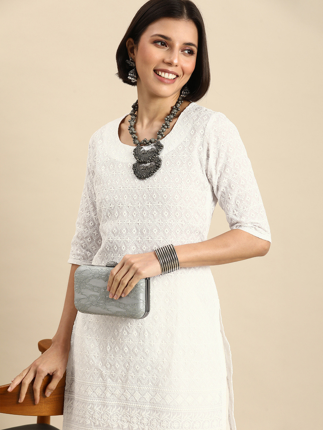 Buy Anouk Women White Pure Cotton Embroidered Chikankari Kurta - Kurtas ...