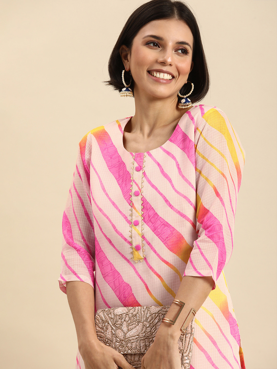 Buy Anouk Women Fuchsia & White Leheriya Printed Kurta - Kurtas for ...