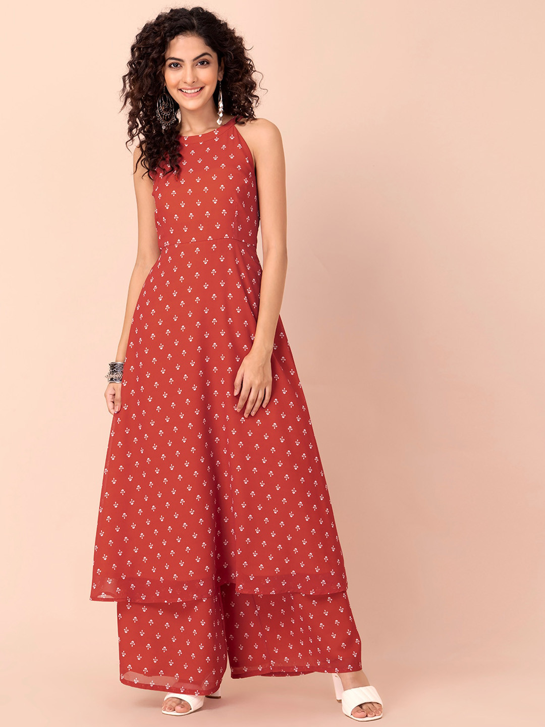 Buy Rang By Indya Women Rust & White Ethnic Motifs Printed Georgette ...