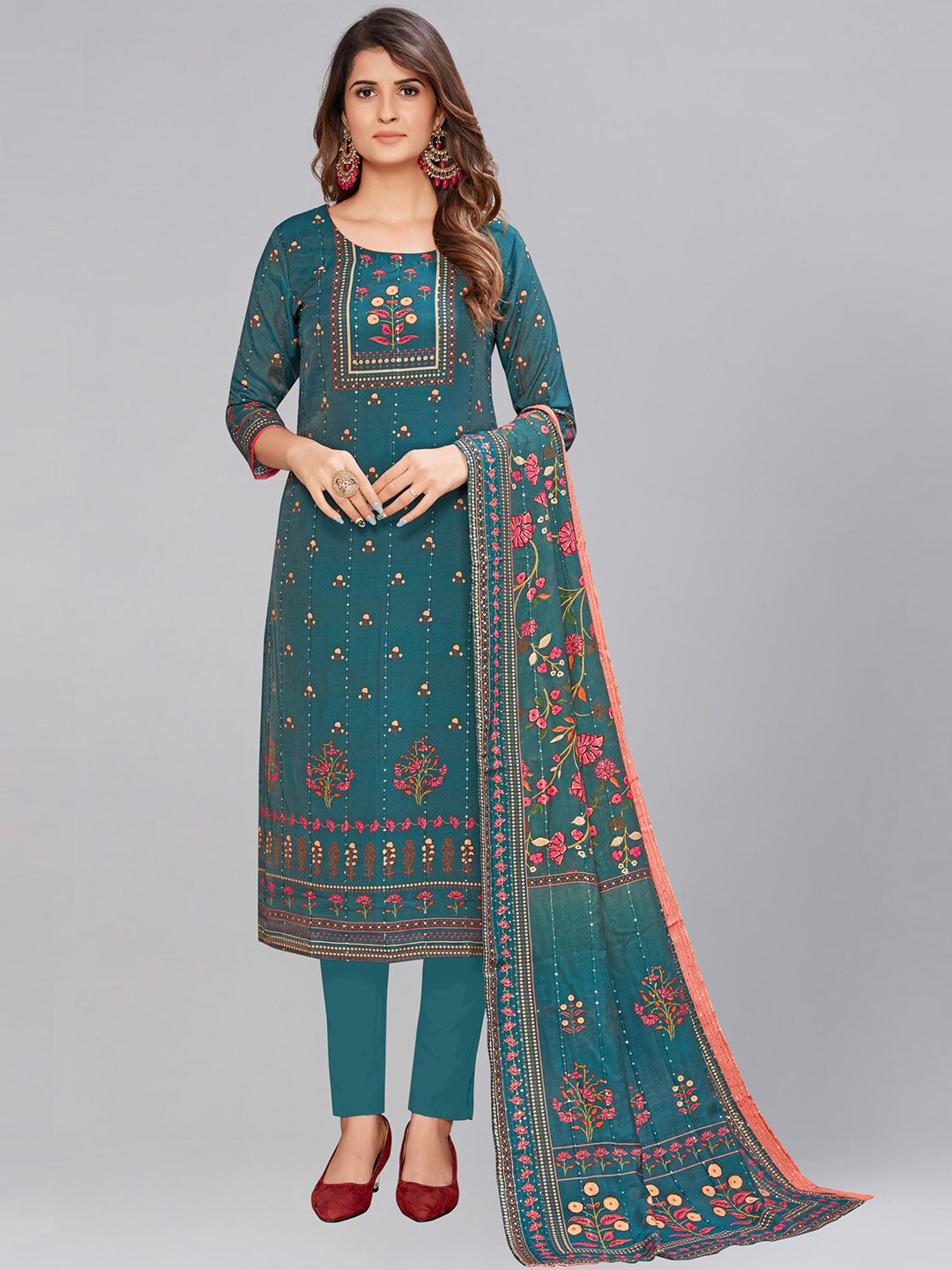 Buy AYKA CLOTHINGS Grey & Pink Printed Viscose Rayon Unstitched Dress ...