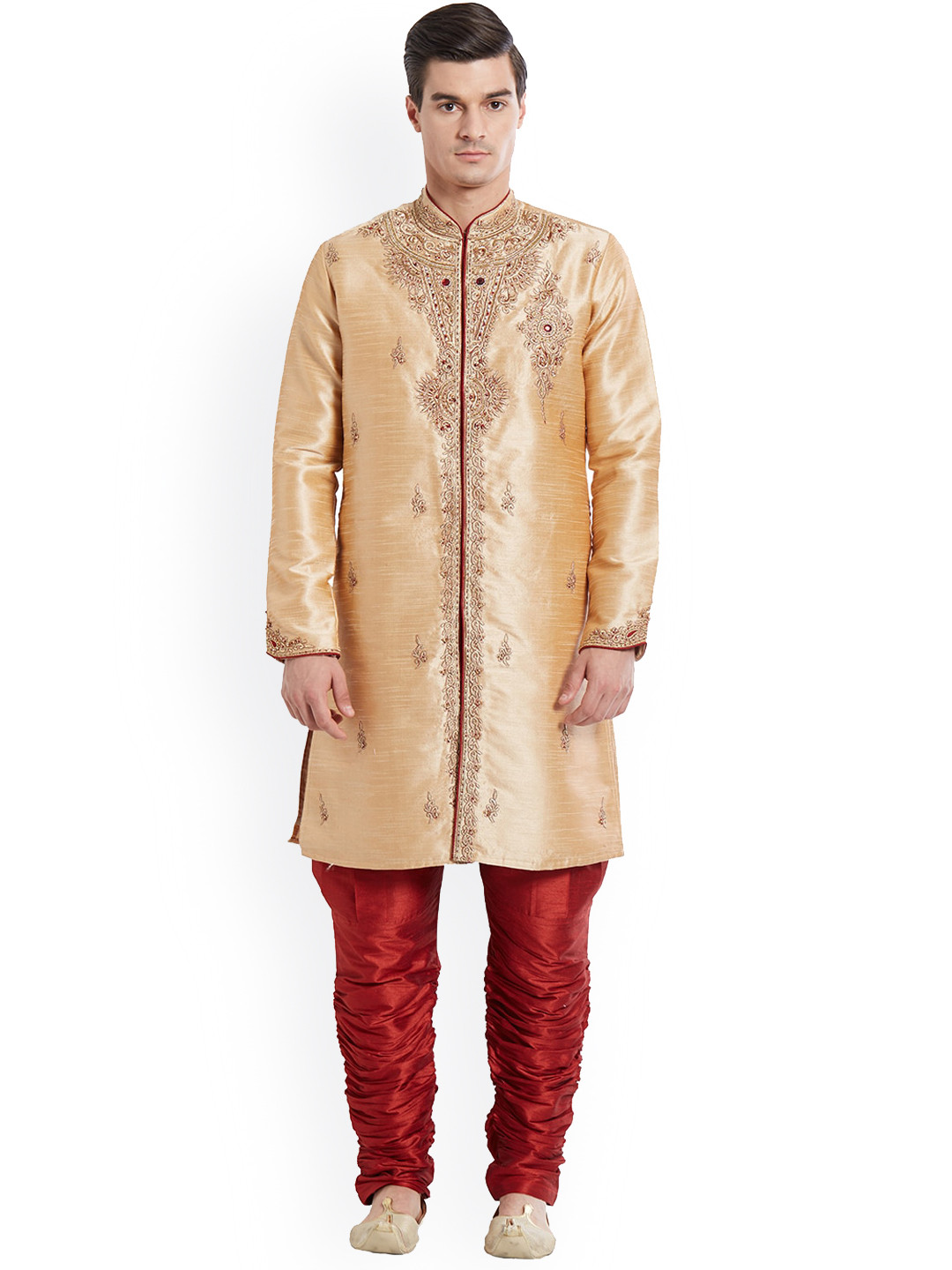 Buy Indian Poshakh Men Gold Toned & Red Embroidered Dupion Silk ...