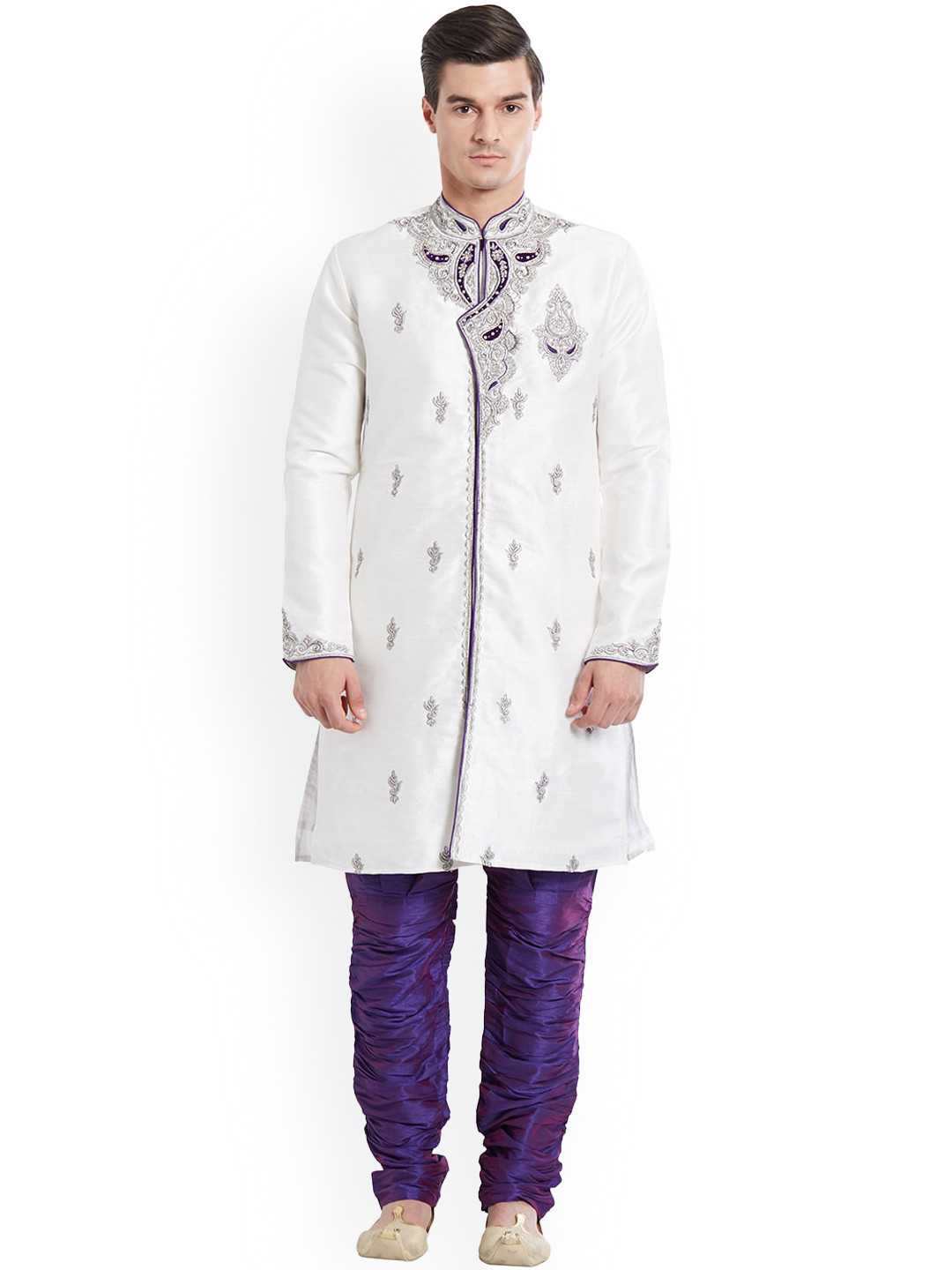 Buy Indian Poshakh Men White & Navy Blue Sherwani And Churidar Set ...