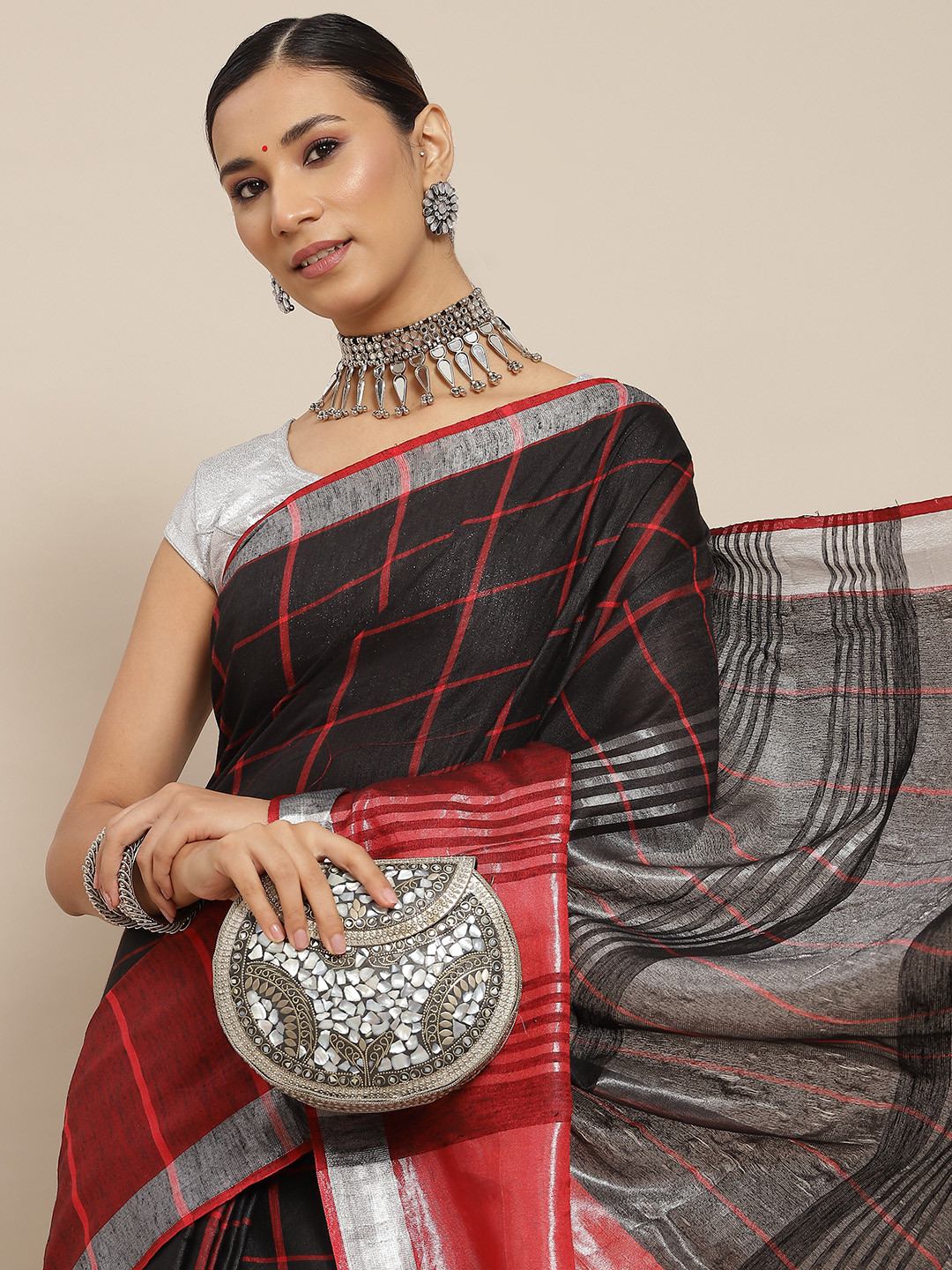Buy Ishin Black & Red Checked Zari Saree - Sarees for Women 19139402 ...