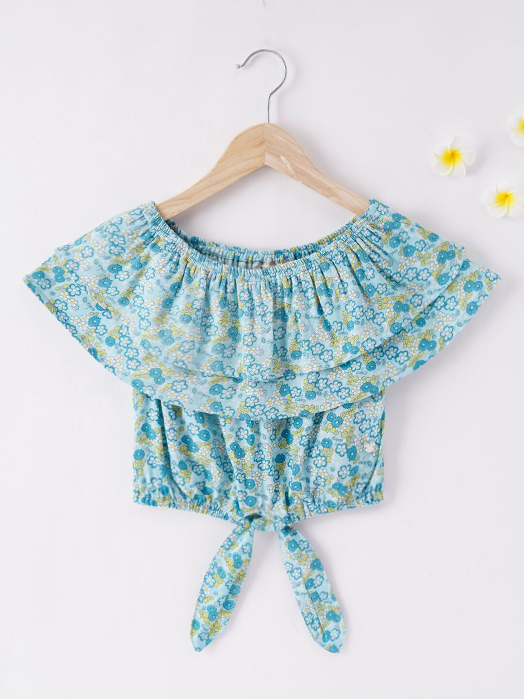 Buy Ed A Mamma Girls Blue Floral Print Off Shoulder Bardot Crop Top ...