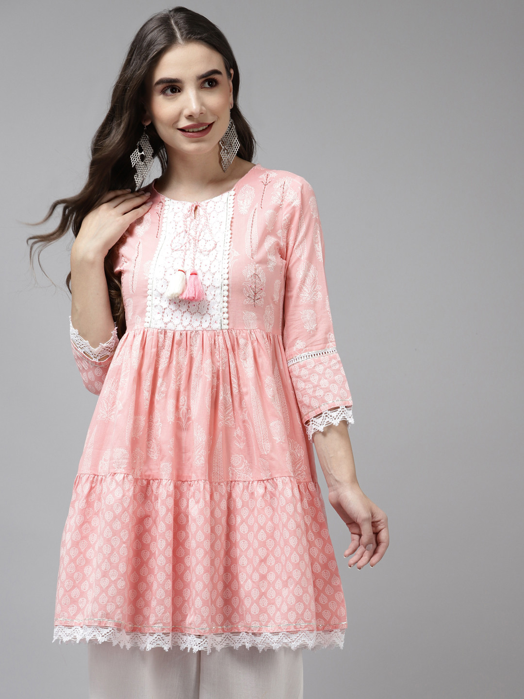 Buy Amirah S Pink & White Embroidered Detail Ethnic Motifs Printed ...