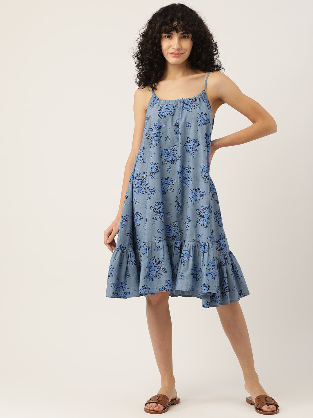 Buy Rue Collection Blue Floral A Line Pure Cotton Dress - Dresses for ...