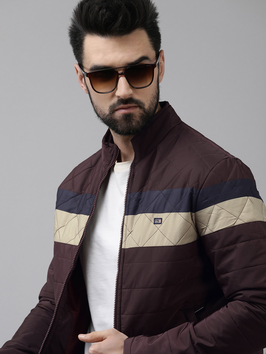 Buy Arrow Men Burgundy & Beige Block Stripes Padded Jacket With Quilted ...