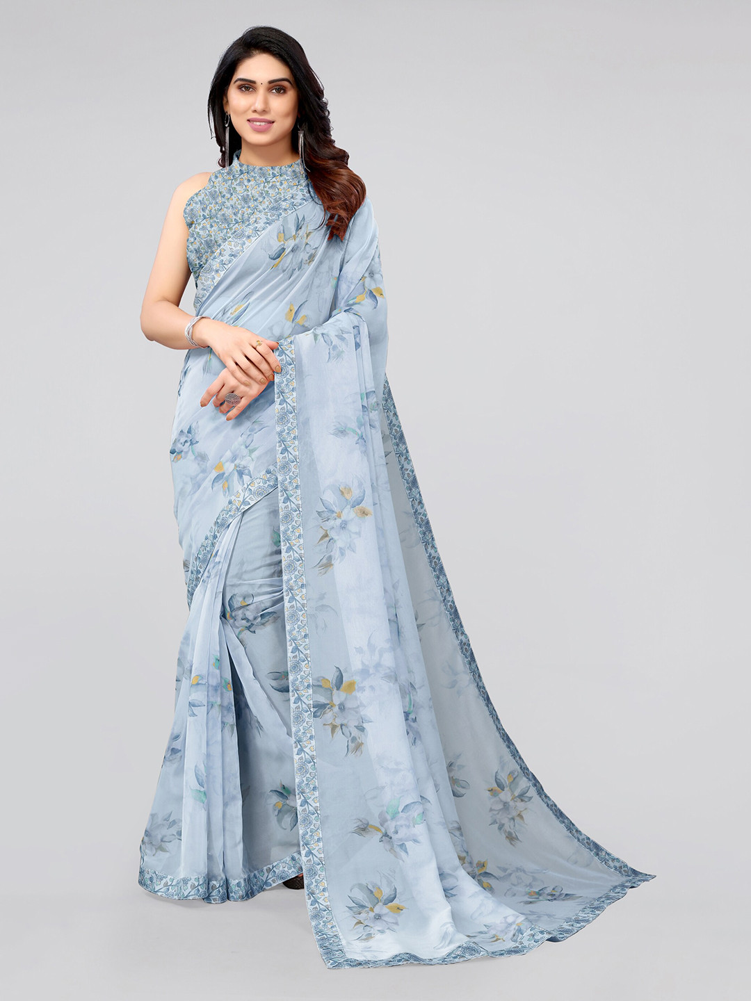 Buy KALINI Blue & Yellow Floral Organza Saree - Sarees for Women ...