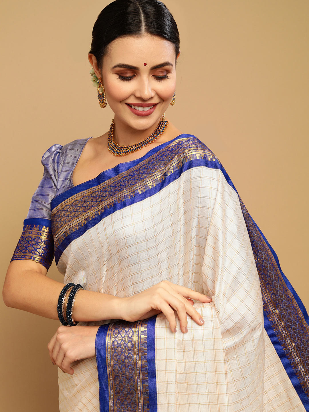 Buy Satrani Women Off White & Blue Checked Zari Silk Woven Saree ...