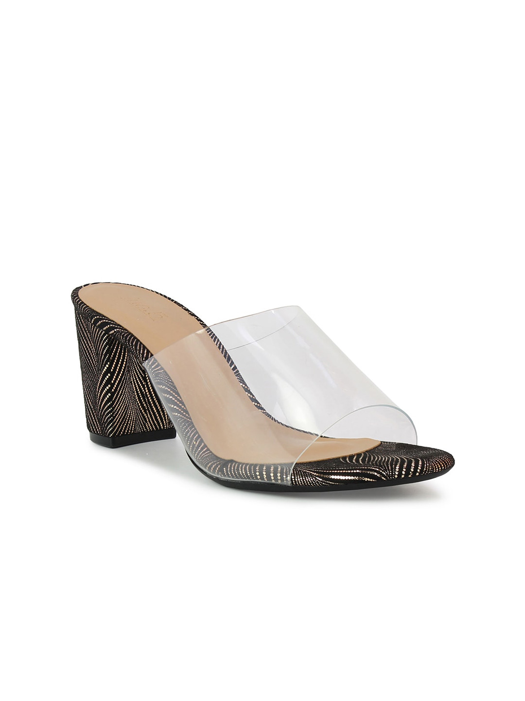Buy Inc 5 Gold Toned & Transparent Printed High Top Block Peep Toes ...