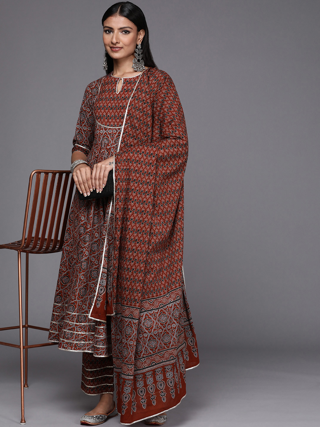 Buy Libas Women Maroon Ethnic Motifs Pleated Pure Cotton Kurta With ...