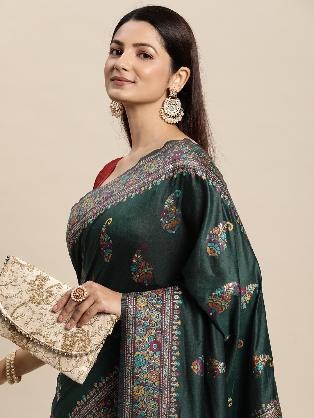Buy AYKA CLOTHINGS Green & Orange Floral Woven Design Kanjeevaram Saree ...