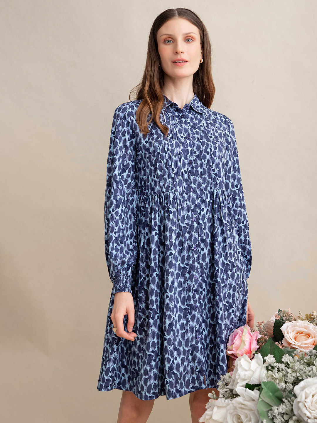 Buy B.Copenhagen Women Blue Floral Shirt Collar Fit And Flare Dress ...