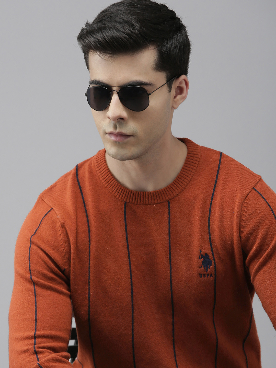 Buy U S Polo Assn Men Rust & Navy Blue Striped Striped Pullover With ...