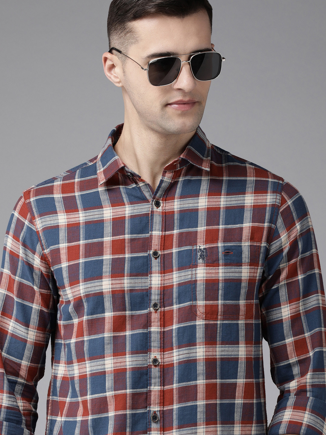 Buy U S Polo Assn Denim Co Men Navy Blue & Rust Red Slim Fit Checked ...