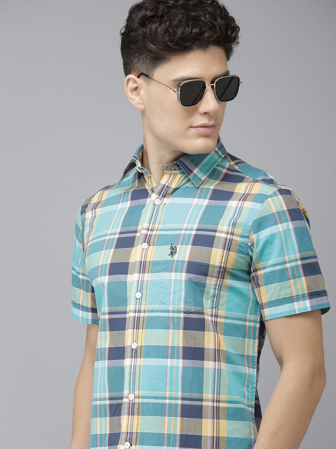 Buy U S Polo Assn Men Blue Tartan Checks Pure Cotton Casual Shirt ...