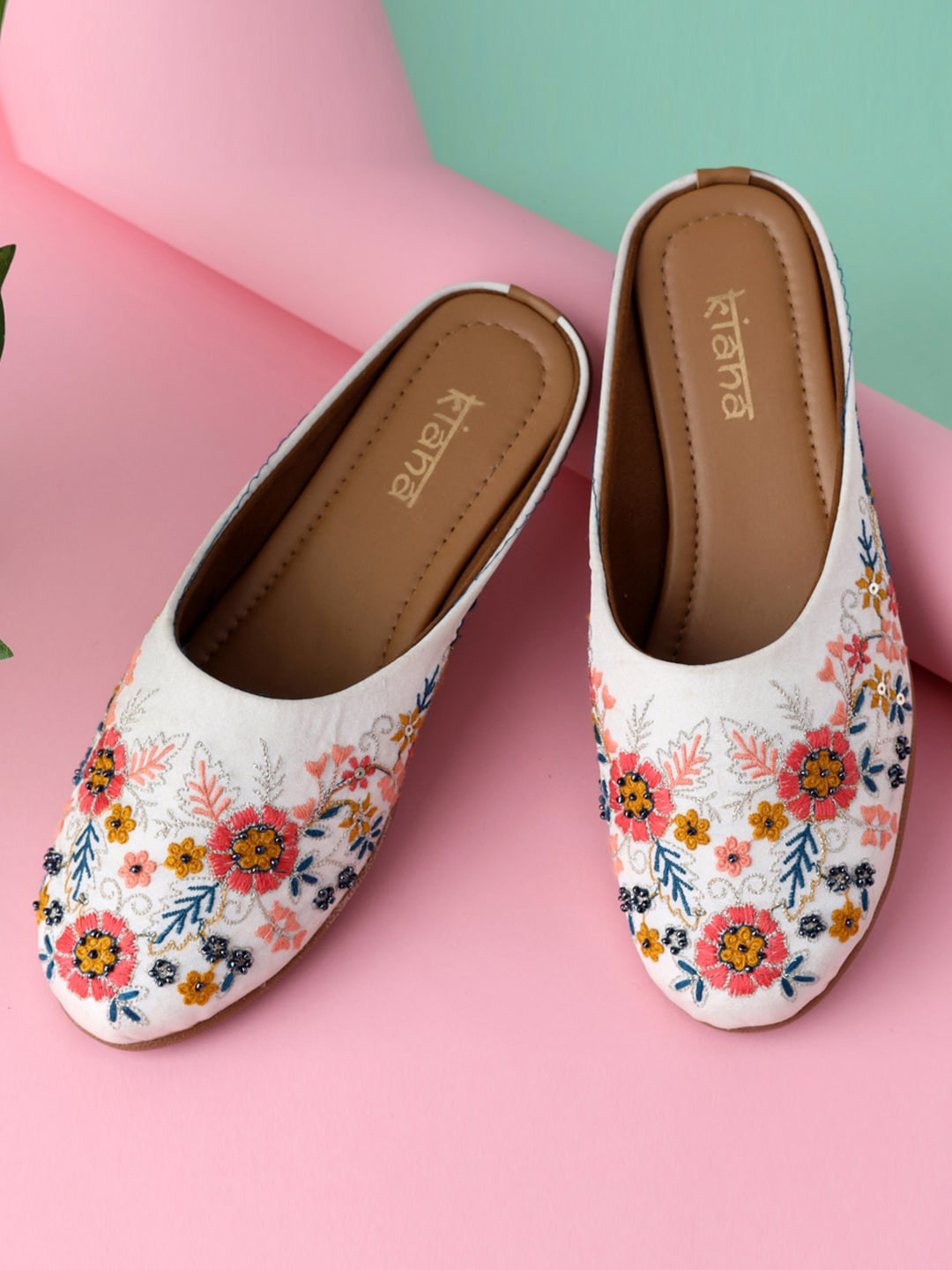 Buy Kiana Women White Ethnic Floral Embroidered Canvas Flats Mules ...