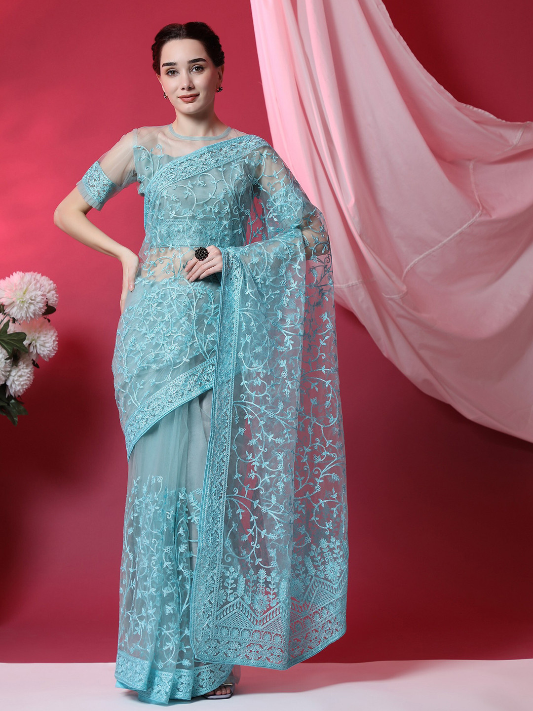 Buy ORUS Women Turquoise Blue Floral Embroidered Net Saree - Sarees for ...