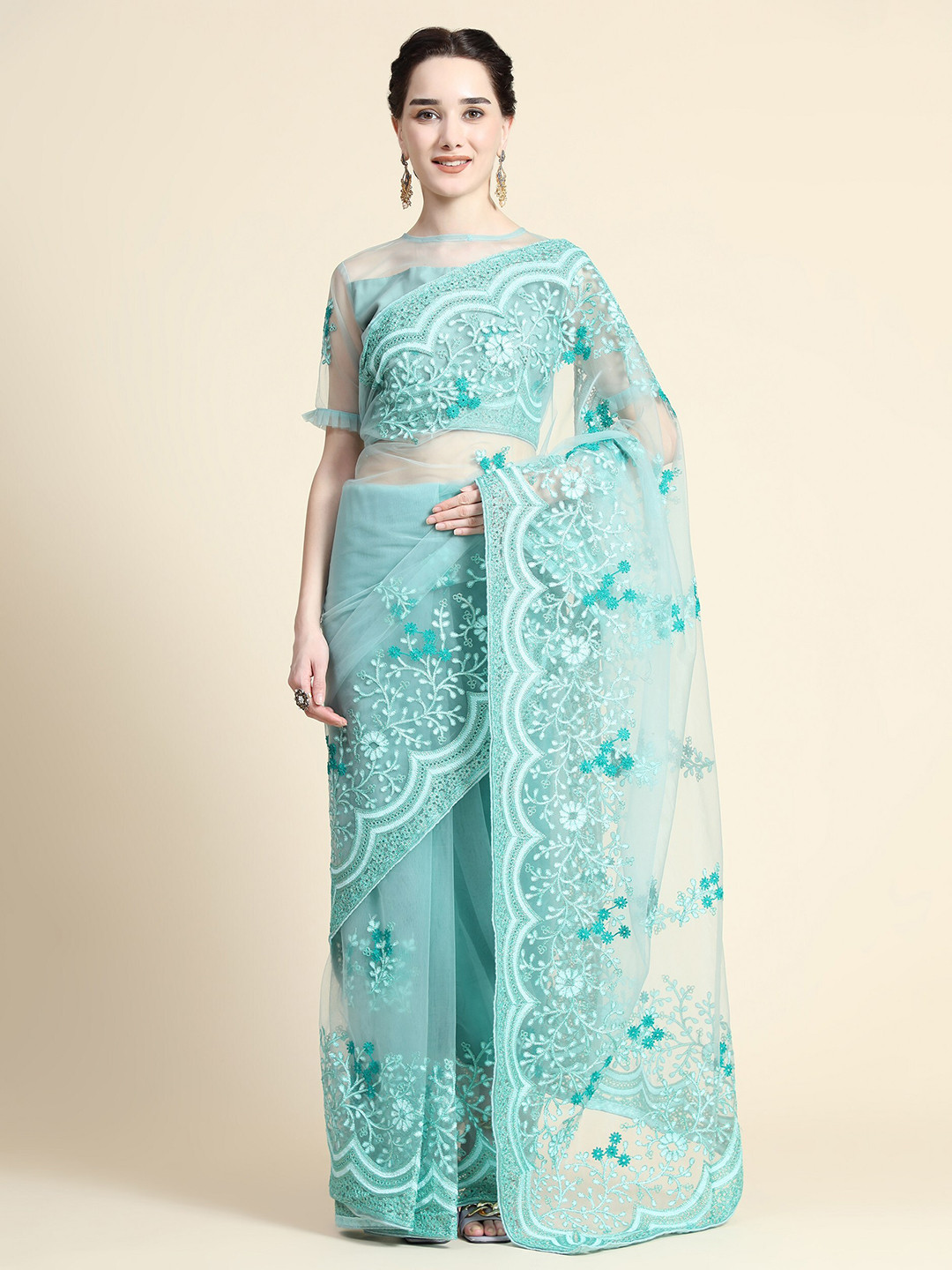 Buy ORUS Women Turquoise Blue Floral Embroidered Net Saree - Sarees for ...