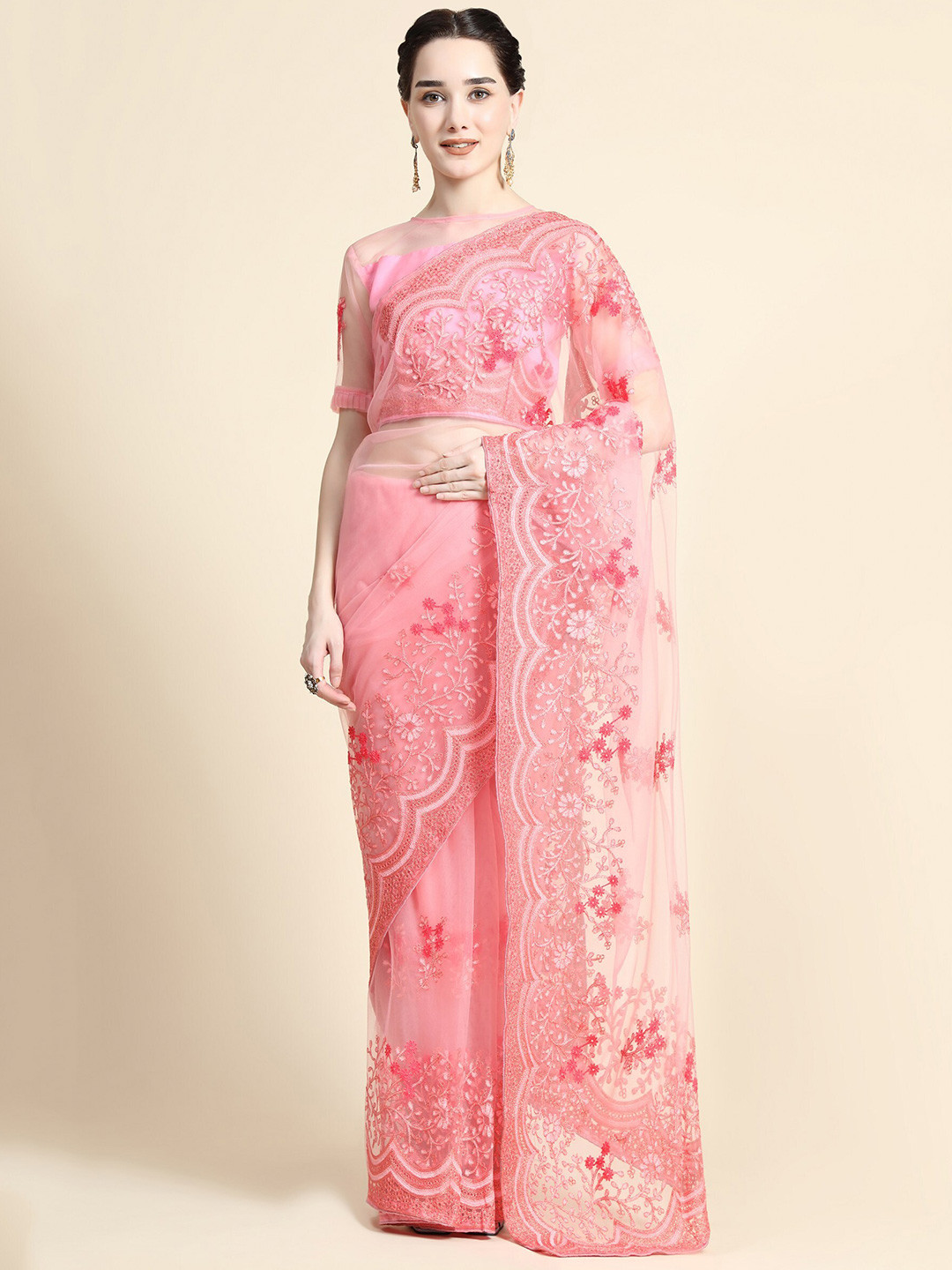 Buy ORUS Pink Floral Embroidered Net Heavy Work Saree - Sarees for ...