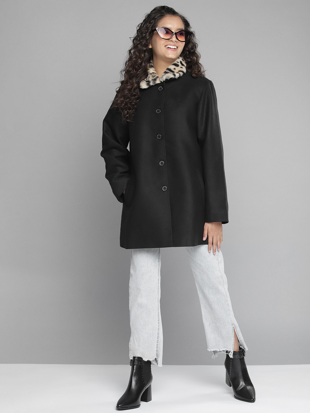 Buy YK Teen Girls Black & Beige Solid Overcoat With Faux Fur Trim ...