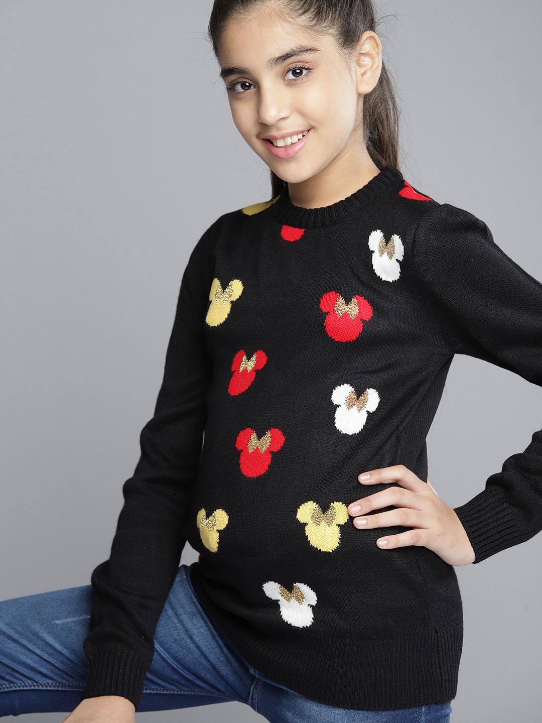 Buy YK Girls Black & Yellow Minnie Mouse Woven Design Pullover ...