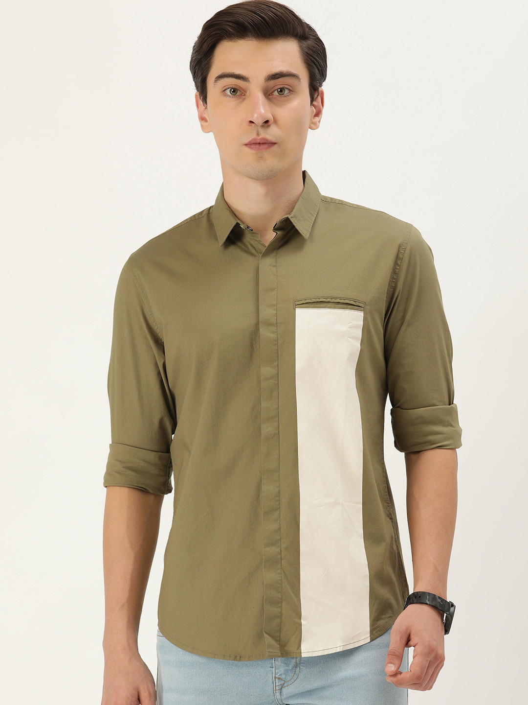 Buy FOREVER 21 Men Olive Green Colourblocked Casual Shirt - Shirts for ...