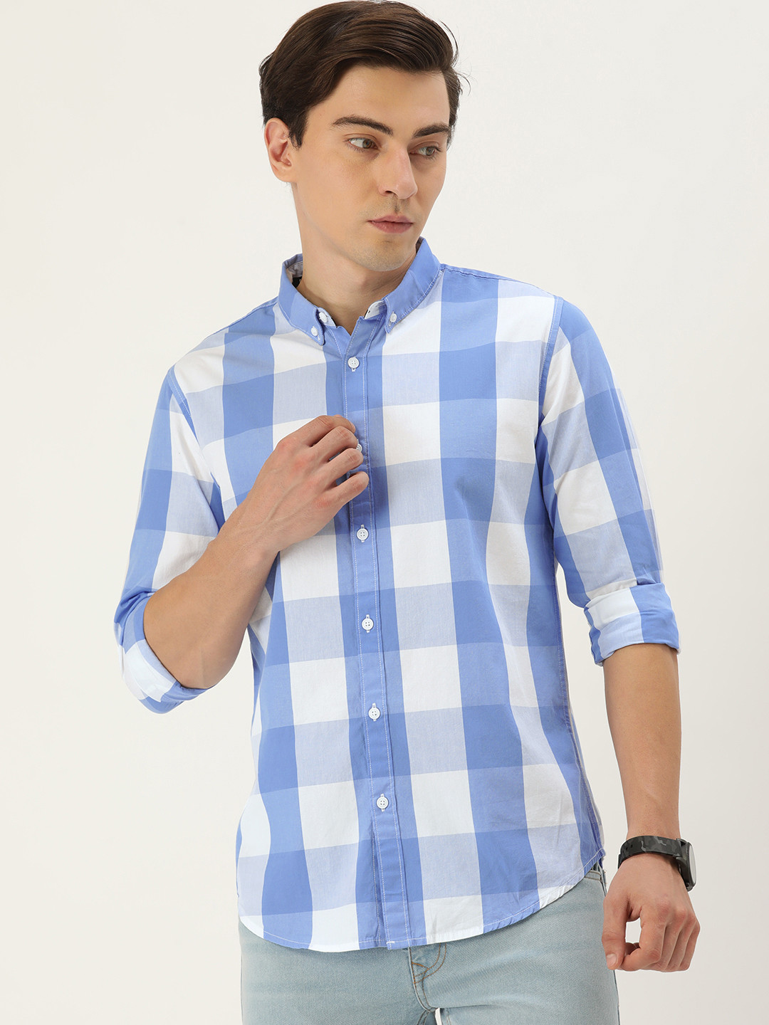 Buy FOREVER 21 Men Blue Buffalo Checked Pure Cotton Casual Shirt ...