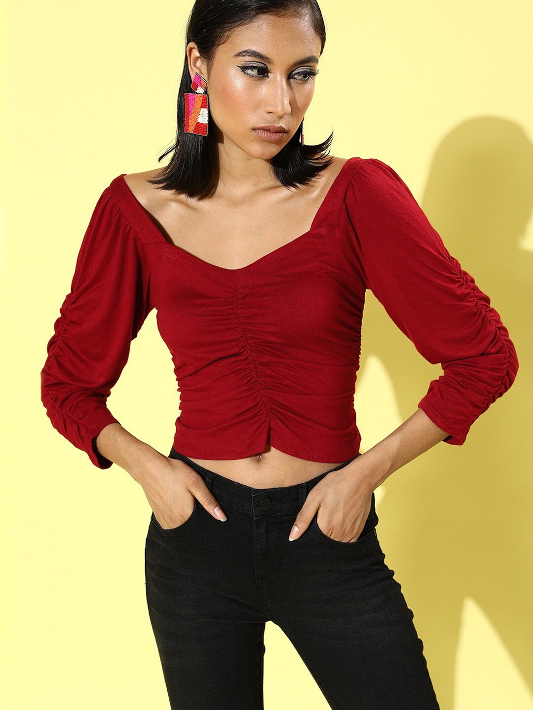 Buy Sera Women Maroon Solid Sweetheart Neck Crop Top Tops For Women