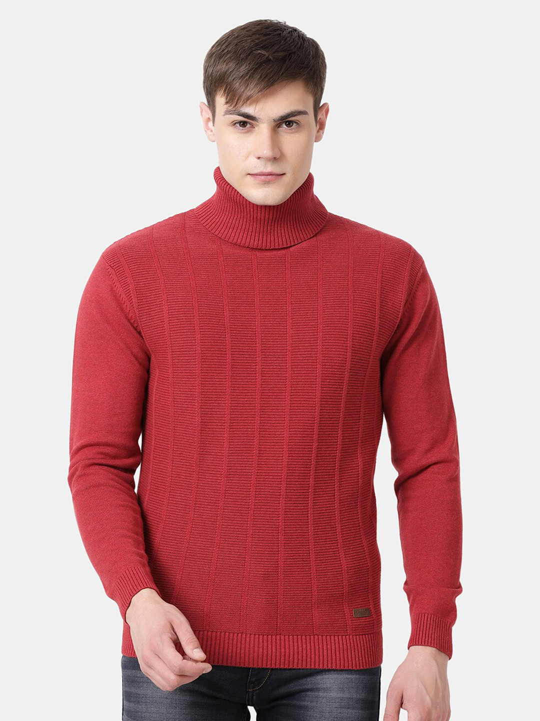 Buy T Base Men's Brick Red Melange Stylized Cotton Turtle Neck Sweater ...