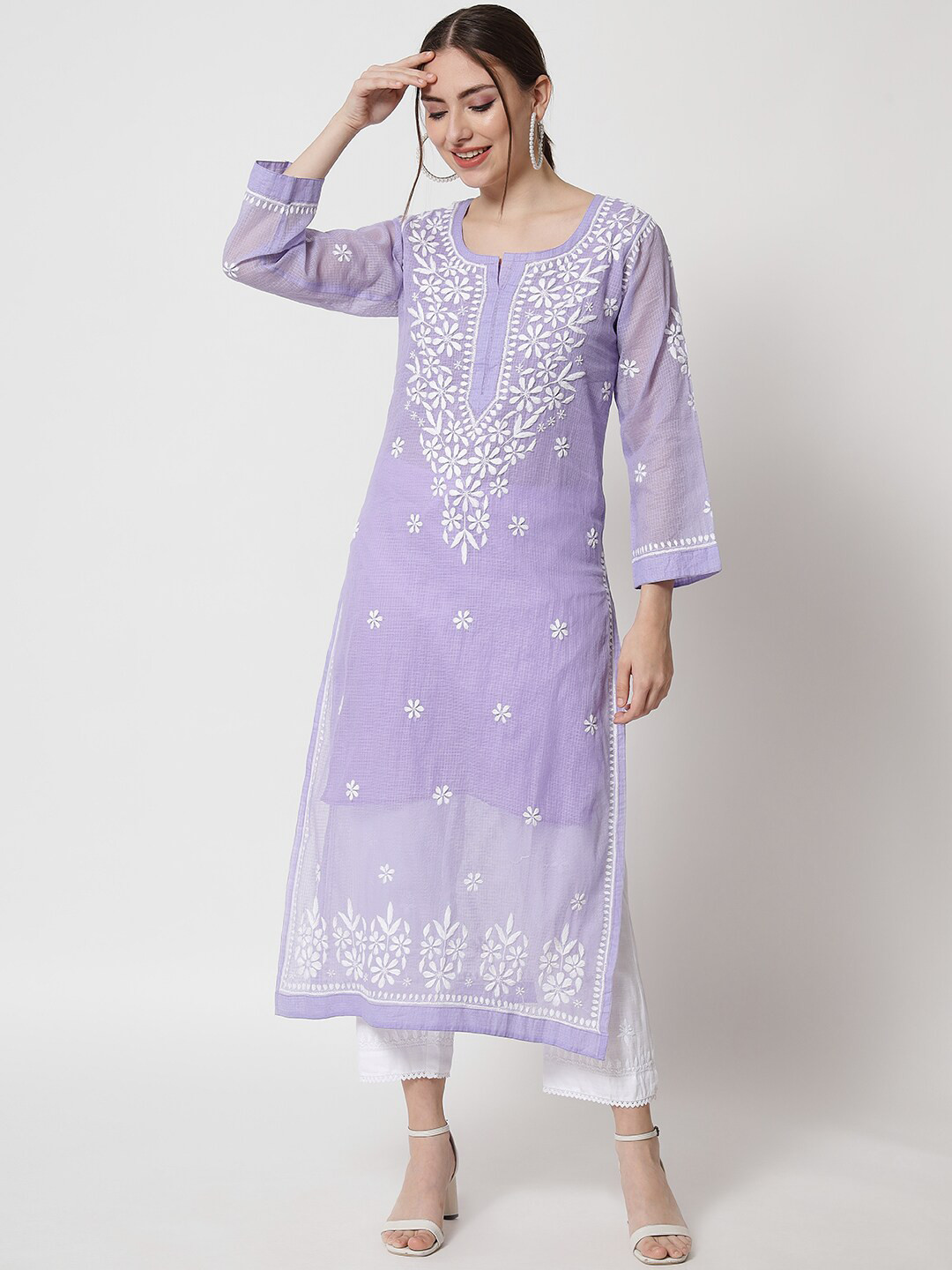 Buy PARAMOUNT CHIKAN Women Mauve Hand Embroidered Chikankari Kurta ...