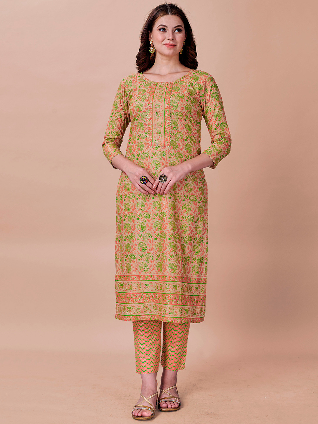 Buy Fashion FRICKS Women Gold Toned Printed Panelled Pure Cotton Kurti ...