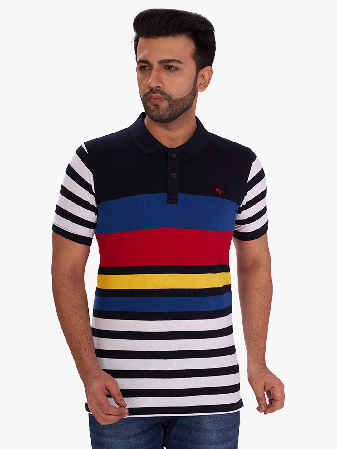 Buy DCot By Donear Men Black & Blue Colourblocked Polo Collar T Shirt ...