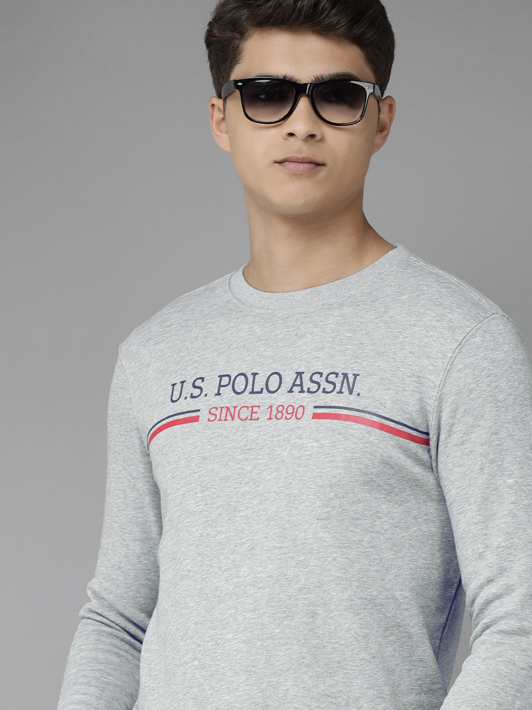 Buy U S Polo Assn Men Grey Brand Logo Printed Round Neck Sweatshirt ...