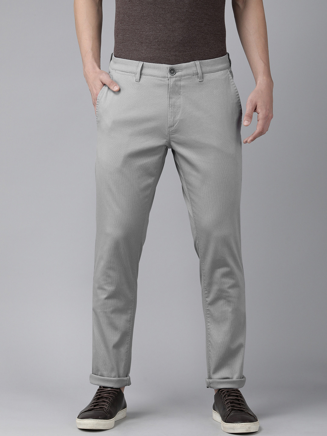 Buy U S Polo Assn Men Grey Textured Slim Fit Corduroy Trousers ...